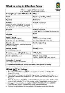 What to bring list (schools and other catered groups) | Allambee Camp